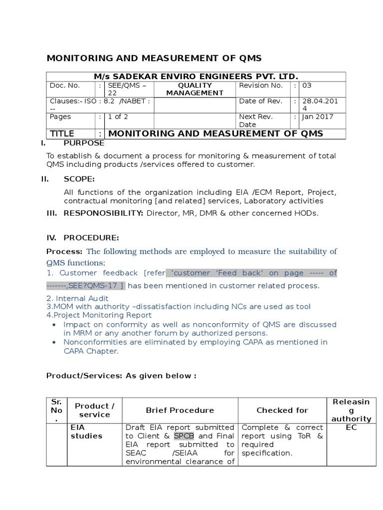 Monitoring and Measurement of Qms | Verification And Validation ...