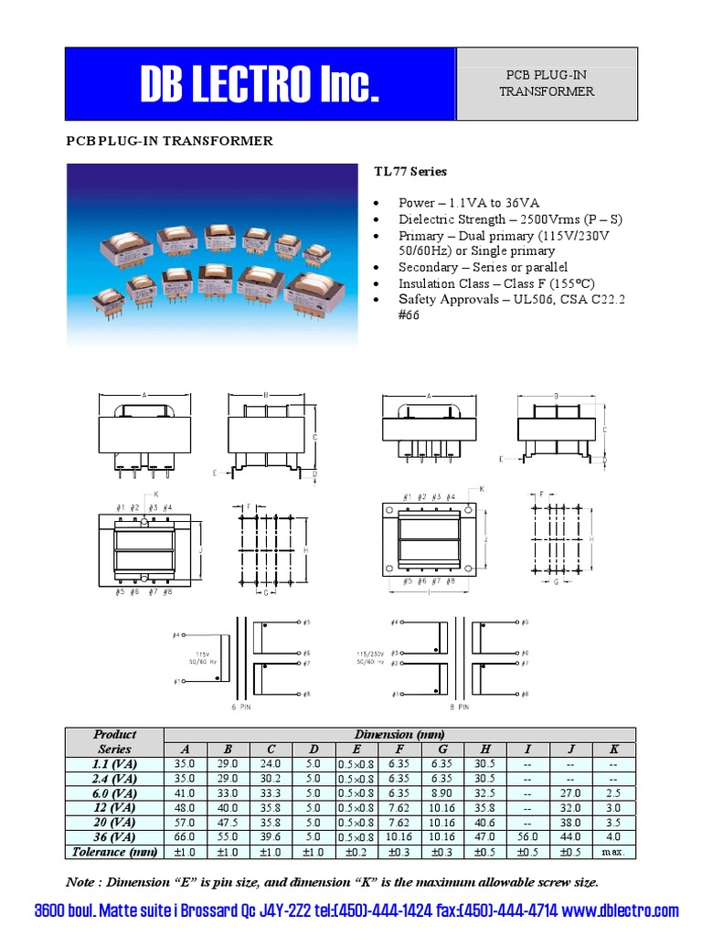 DB Lectro Inc.: PCB Plug-In Transformer TL77 Series | PDF