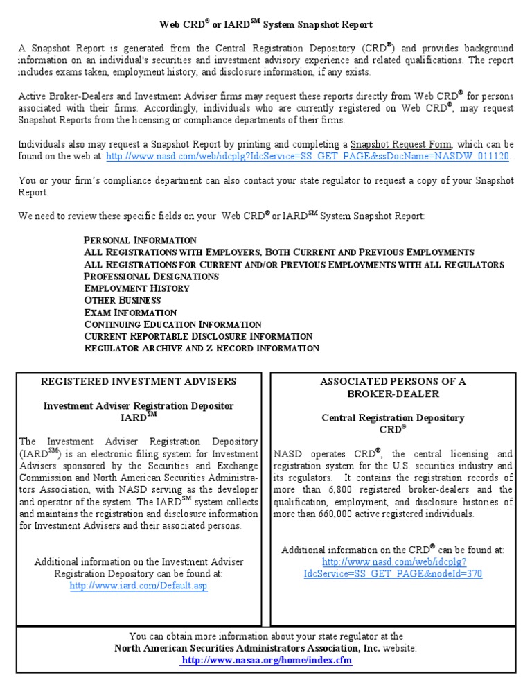Web CRD® or IARDSM System Snapshot Report | PDF | Financial Industry ...