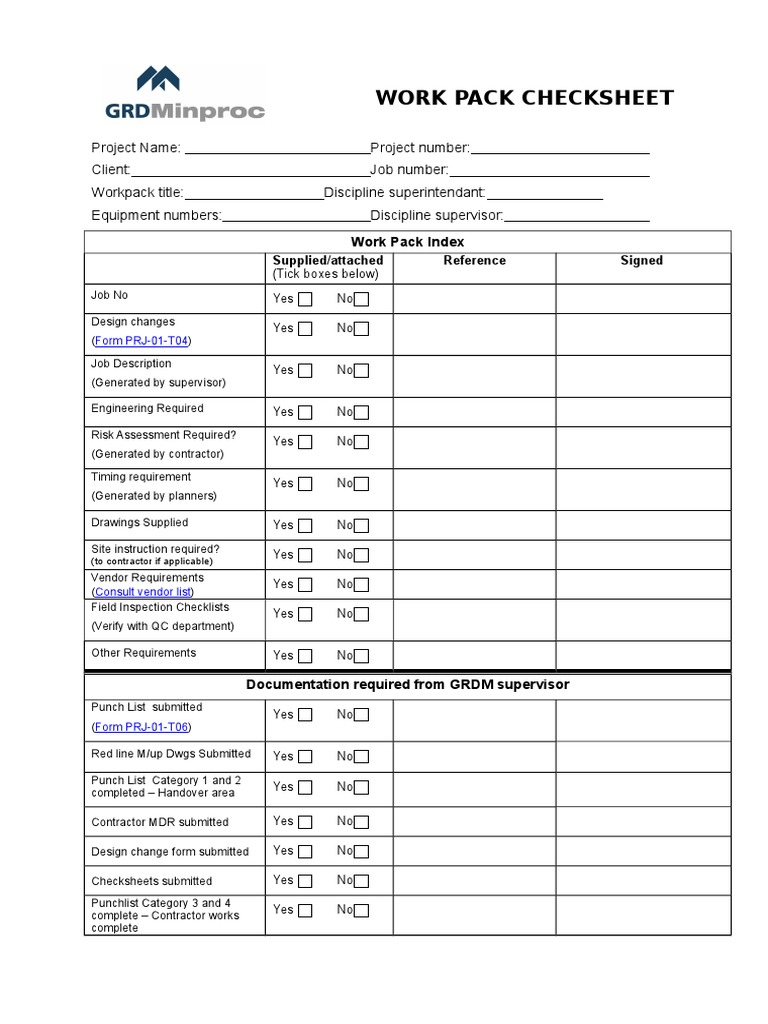 Work Pack Checksheet | PDF