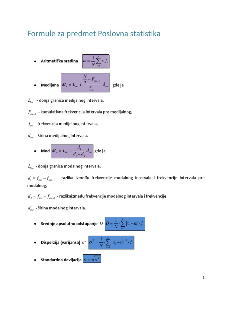 Formule Za Predmet Poslovna Statistika | PDF