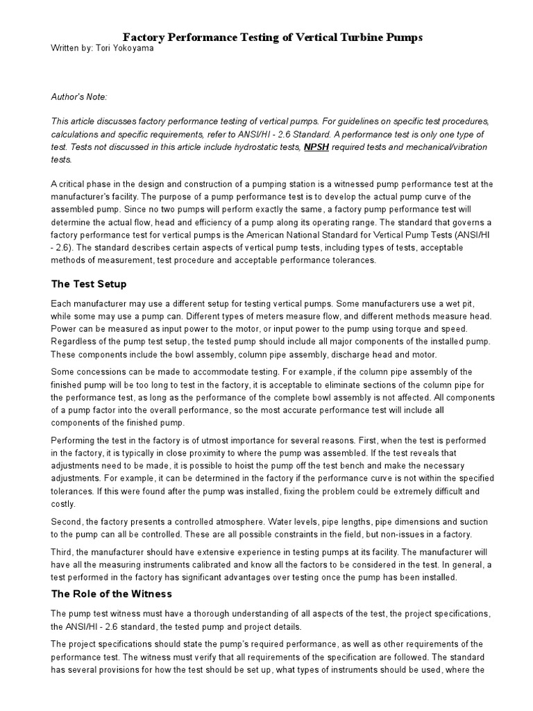 Factory Performance Testing of Vertical Turbine Pumps | PDF | Power ...