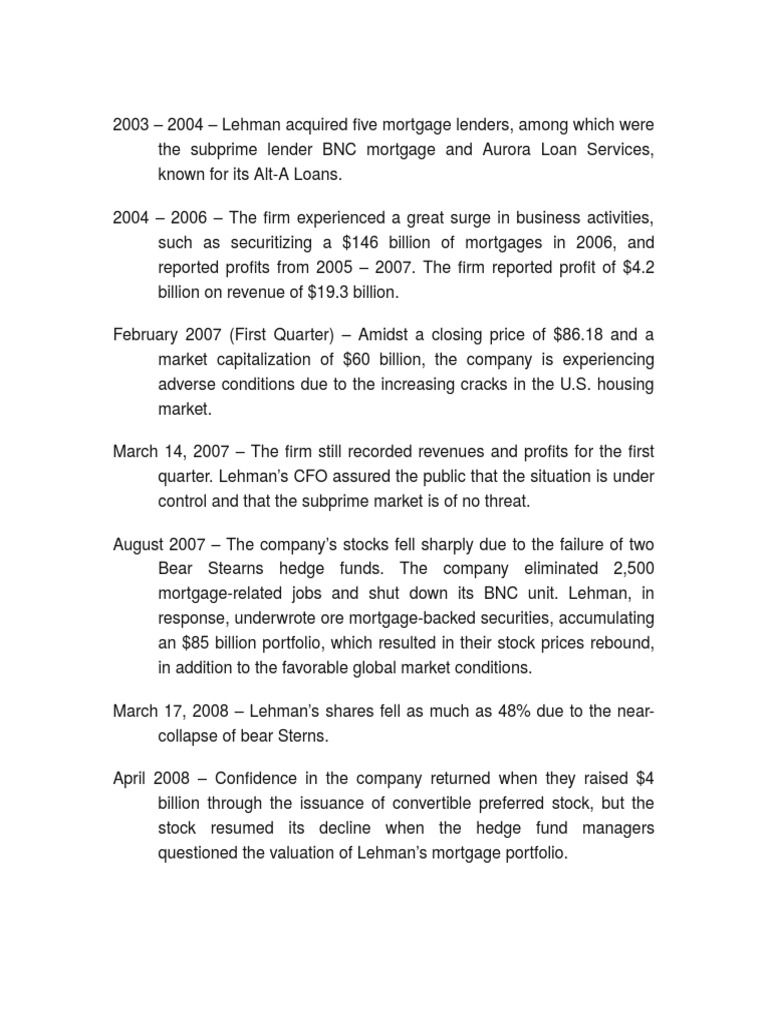 Timeline of The Lehman Brothers Collapse | PDF | Lehman Brothers | Bear Stearns