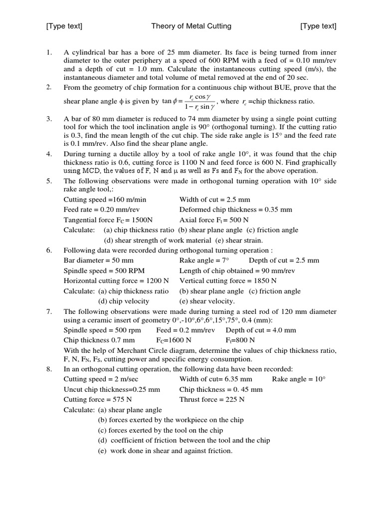 Theory of Metal Cutting - Numericals | PDF | Classical Mechanics | Continuum Mechanics
