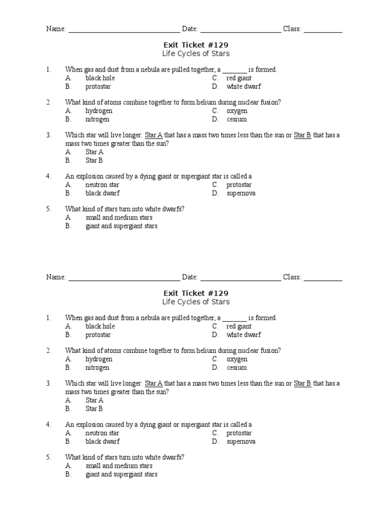 Exit Ticket #129 Star Life Cycle | PDF | Science & Mathematics ...