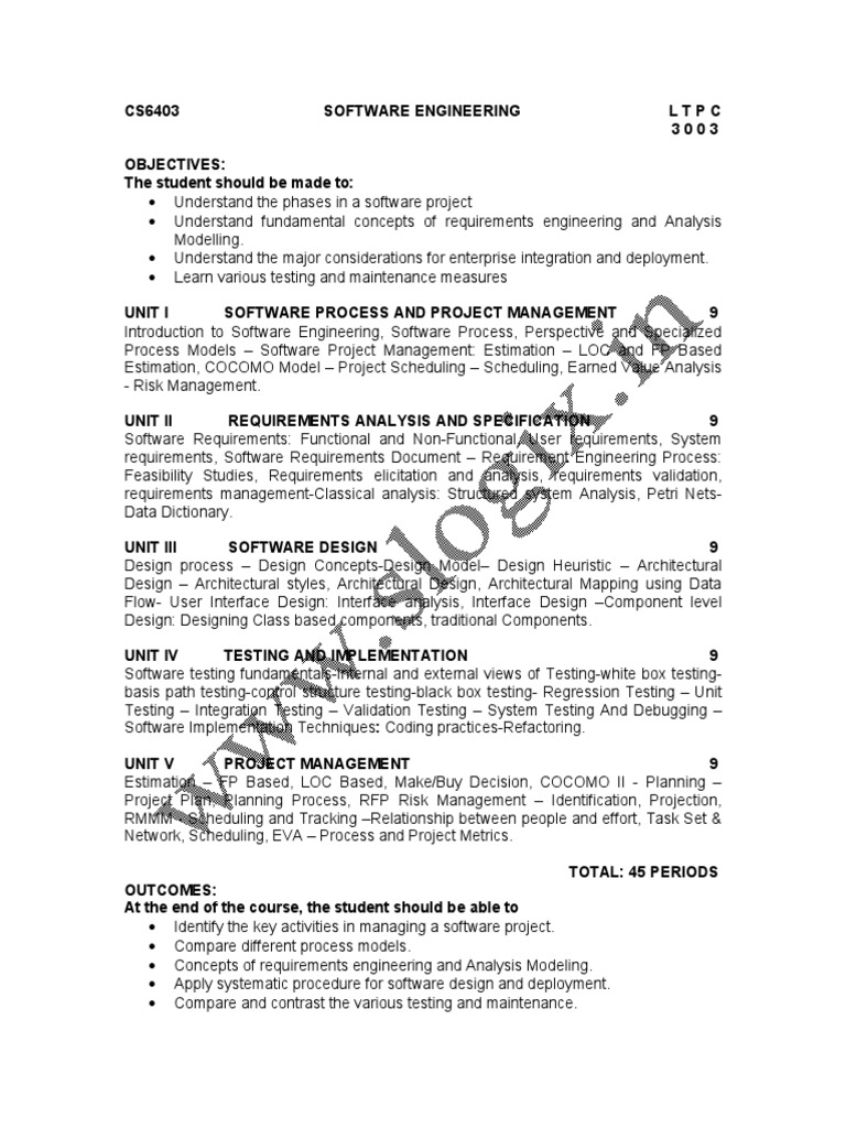 Cs6403 Software Engineering Syllabus | Project Management | Software