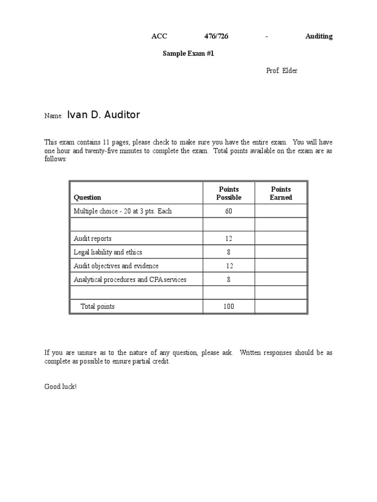 EXAM1 Sample.doc | Auditor's Report | Going Concern