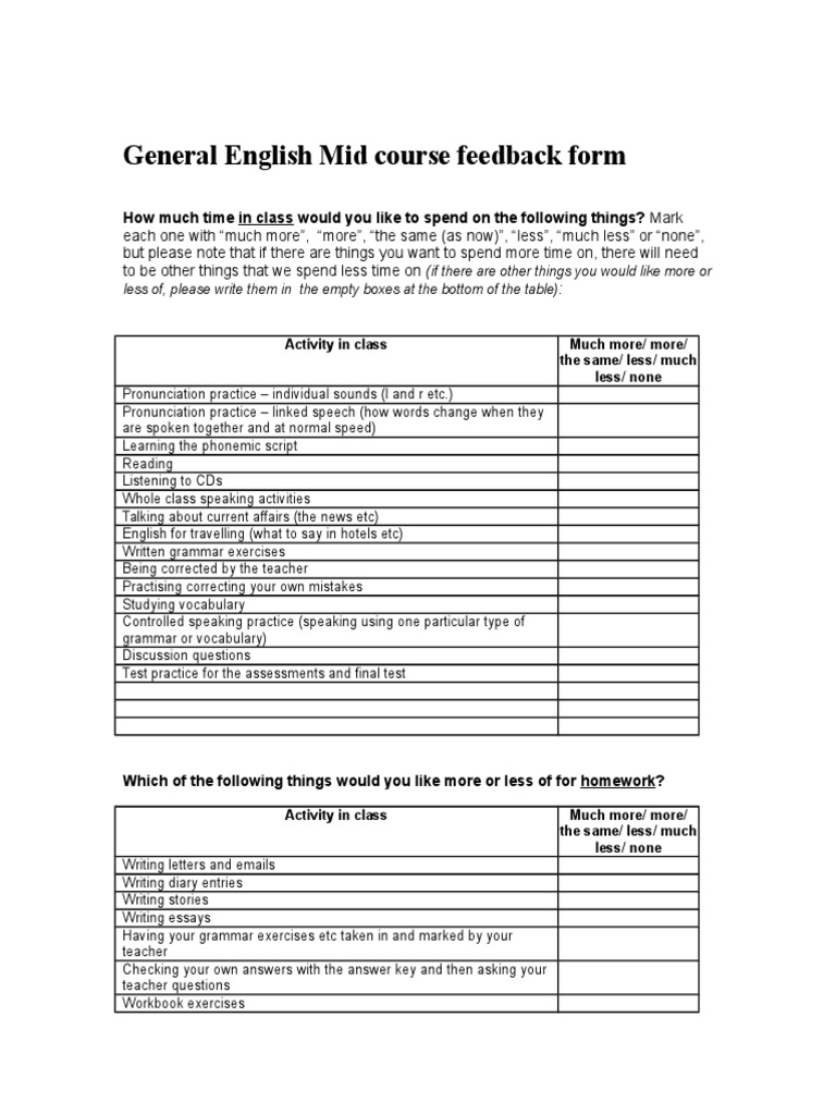 General English Mid Course Feedback Form | PDF | Speech | Vocabulary