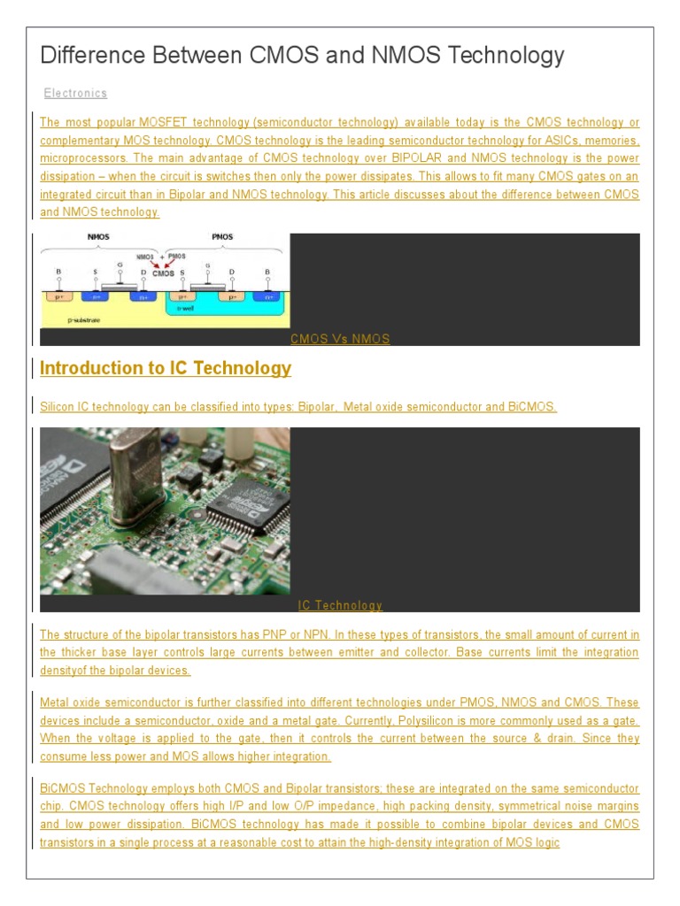 Difference Between CMOS and NMOS Technology | PDF | Cmos | Mosfet