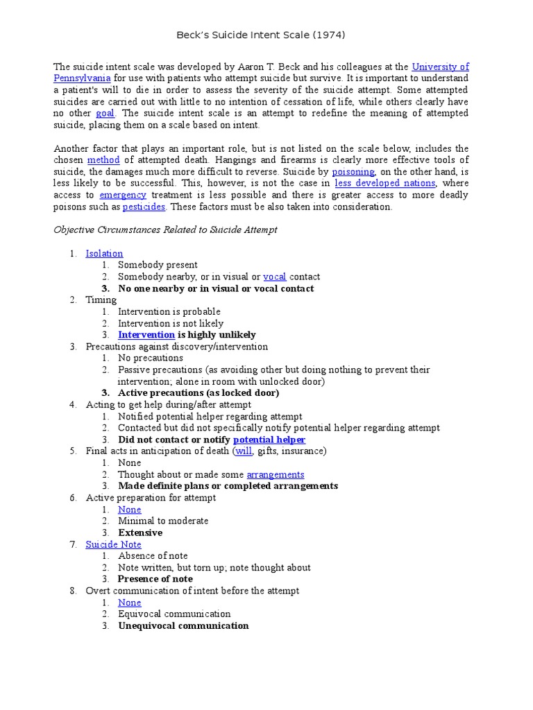 Beck's Suicide Intent Scale Overview | PDF | Suicide | Psychological ...