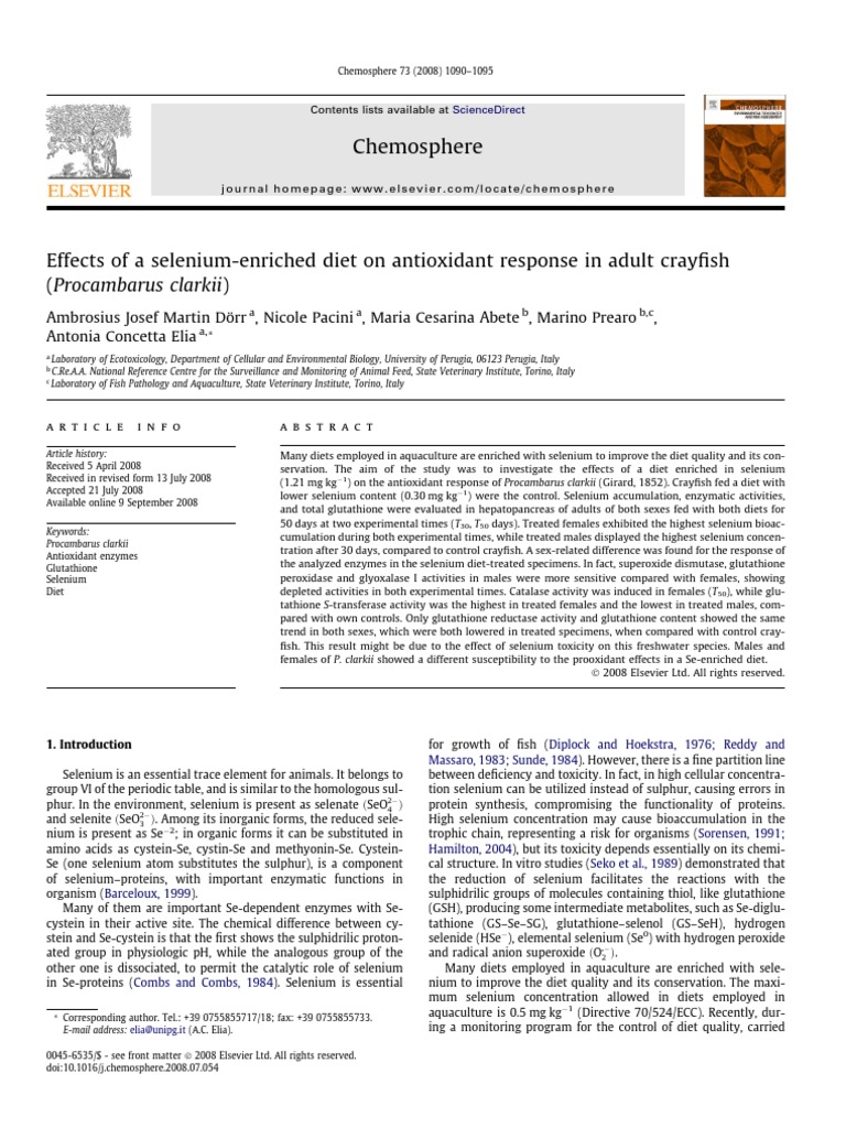 Effects Of A Selenium Enriched Diet On The Sex Specific Antioxidant