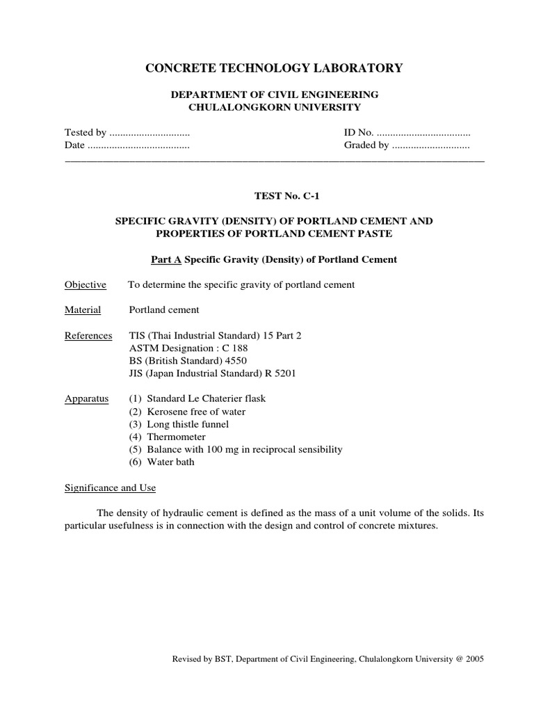 Specific Gravity of Cement Test | PDF | Density | Physical Quantities