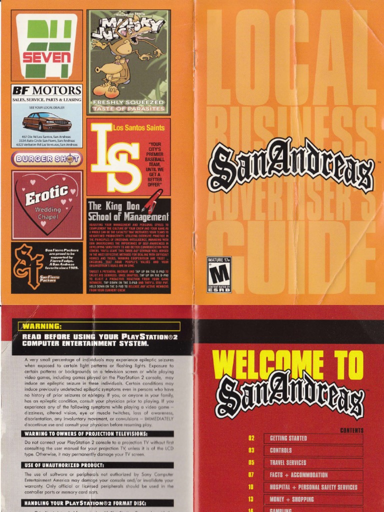 GTA San Andreas Game Manual PS2 | PDF | Epilepsy | Nervous System