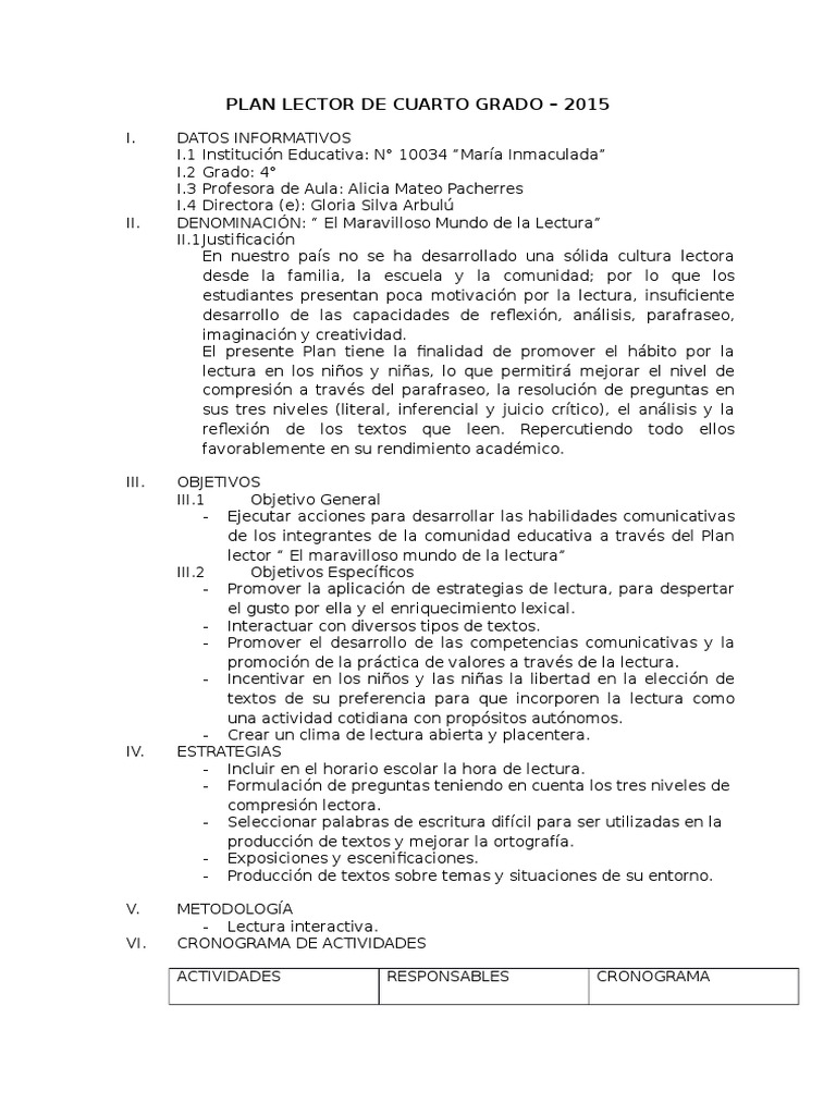 Plan Lector de Cuarto Grado | PDF | Predicado (Gramática) | Lectura (proceso)