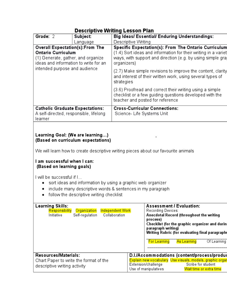 Descriptive Writing | PDF | Curriculum | Lesson Plan