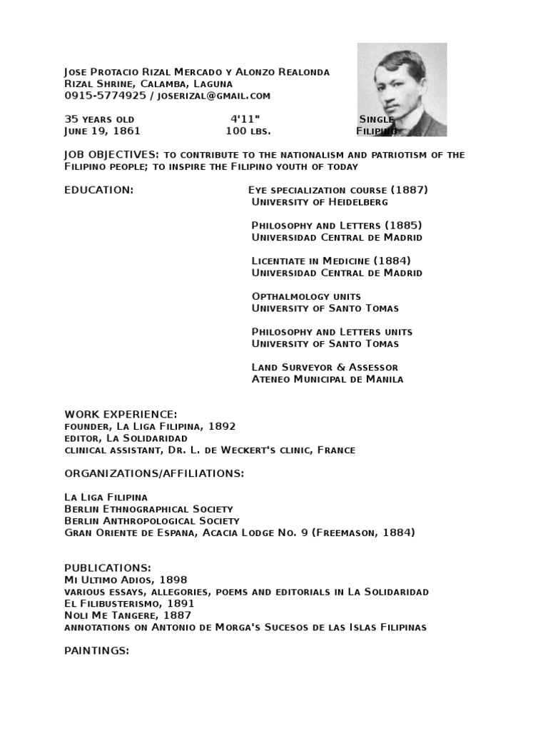 Jose Protacio Rizal Mercado y Alonzo Realonda Resume | PDF | Languages | Language Arts & Discipline