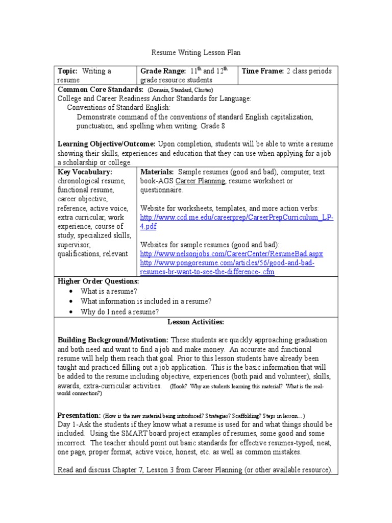 Resume Writing for Grades 11-12 | PDF | Résumé | Lesson Plan