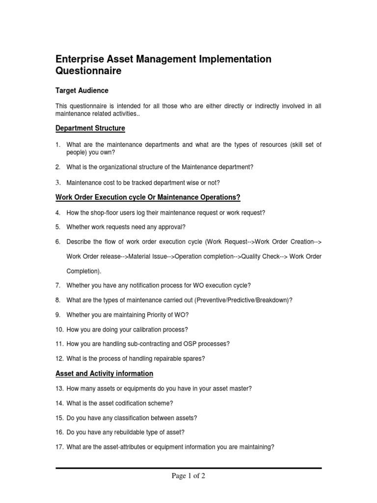 Oracle Eam Implementation Questionnaire | PDF | Accountability | Leadership