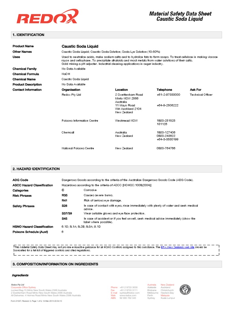 Material Safety Data Sheet - Caustic Soda Liquid | PDF | Sodium ...
