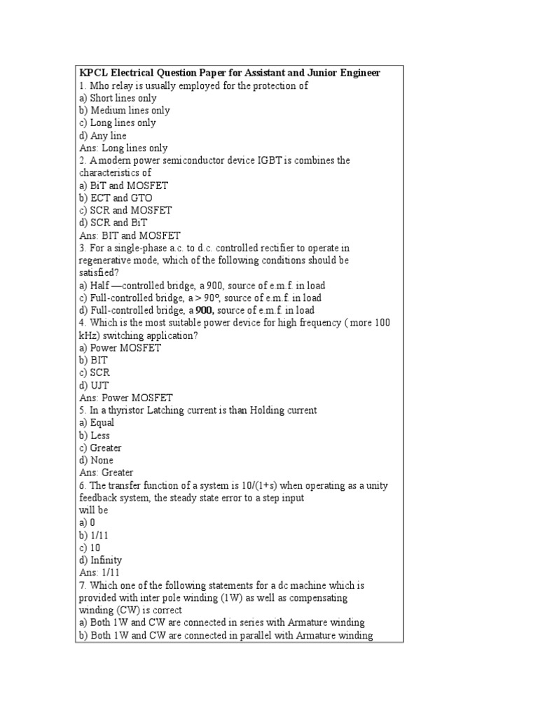 (WWW - Entrance-Exam - Net) - KPCL Electrical Question Paper For ...