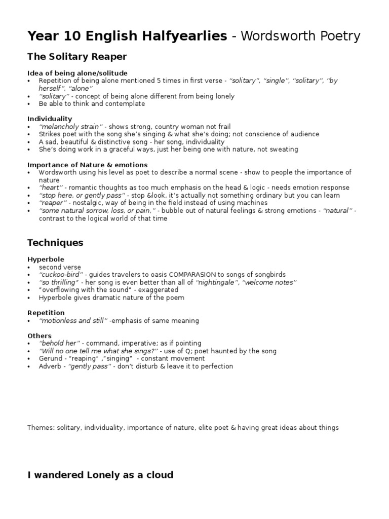 Wordsworth Poetry Exam Notes | PDF | Poetry