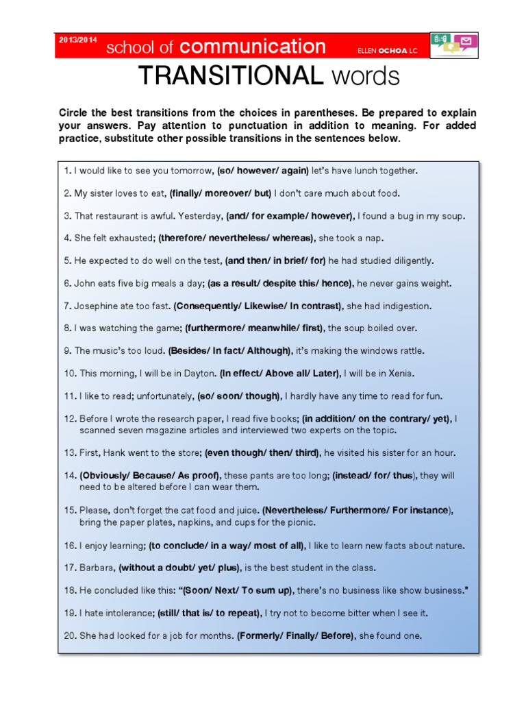 Transition Words and Examples Practice | PDF