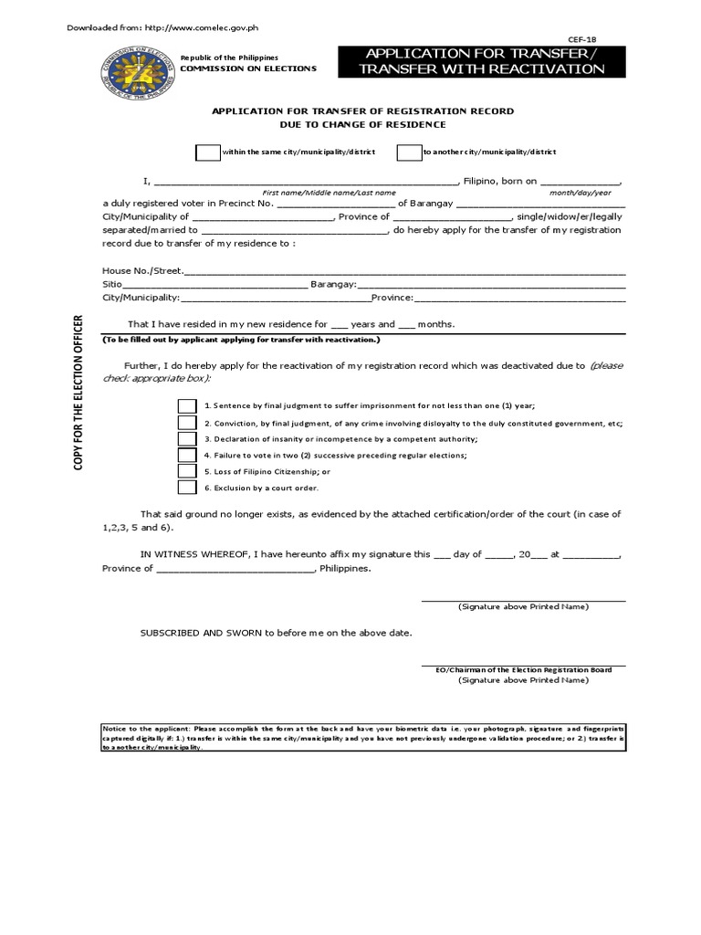 Comelec Transfer Form | PDF | Naturalization | Voter Registration