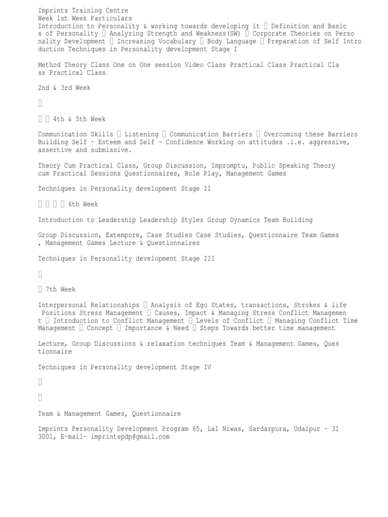 Detailed Syllabus of Personality Development Course | PDF