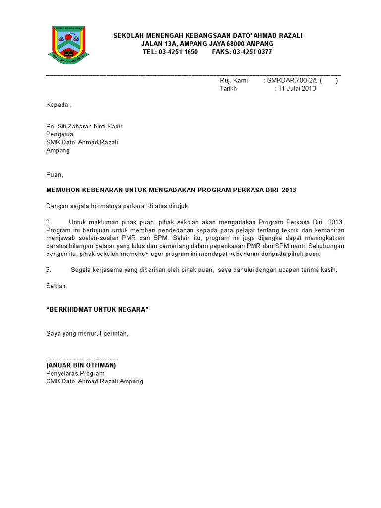 Surat Memohon Kebenaran Mengadakan Program | PDF