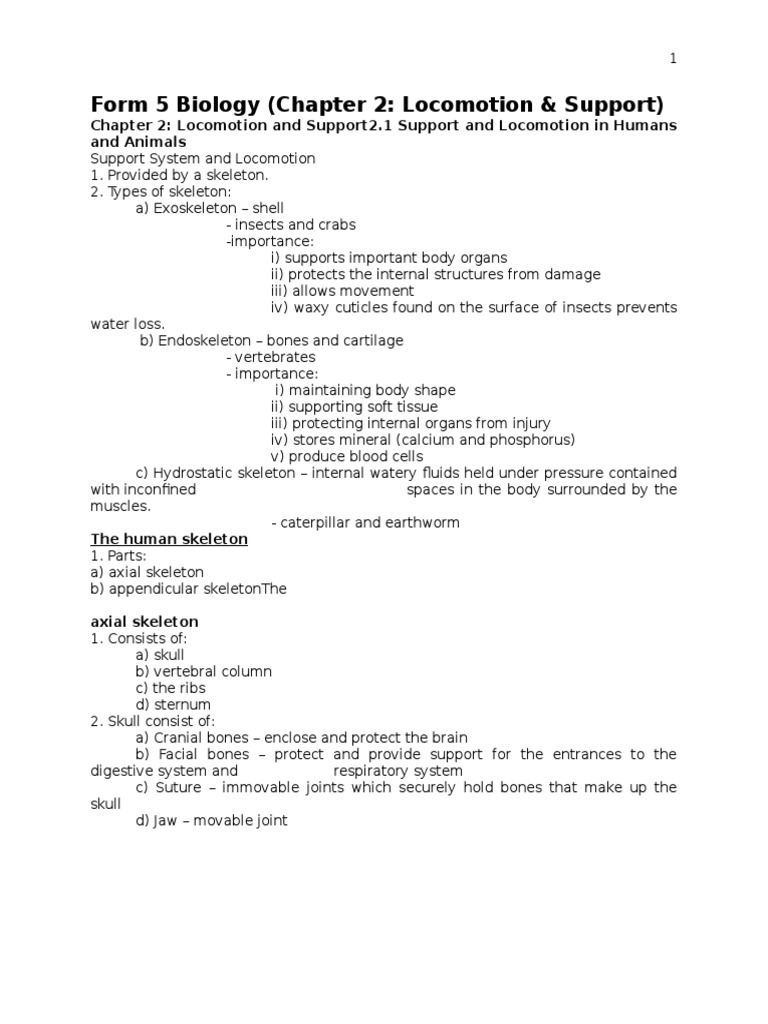 Form 5 Biology (Chapter 2: Locomotion & Support) | PDF | Skeleton ...