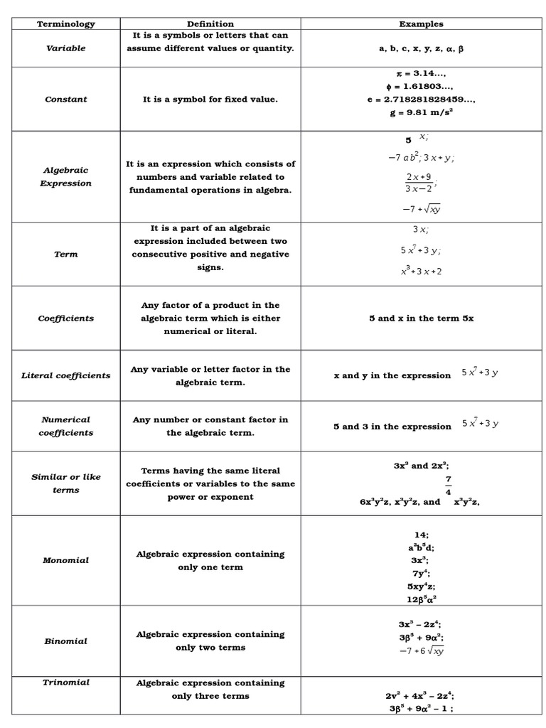 Algebraic Terms and Definitions Guide | PDF