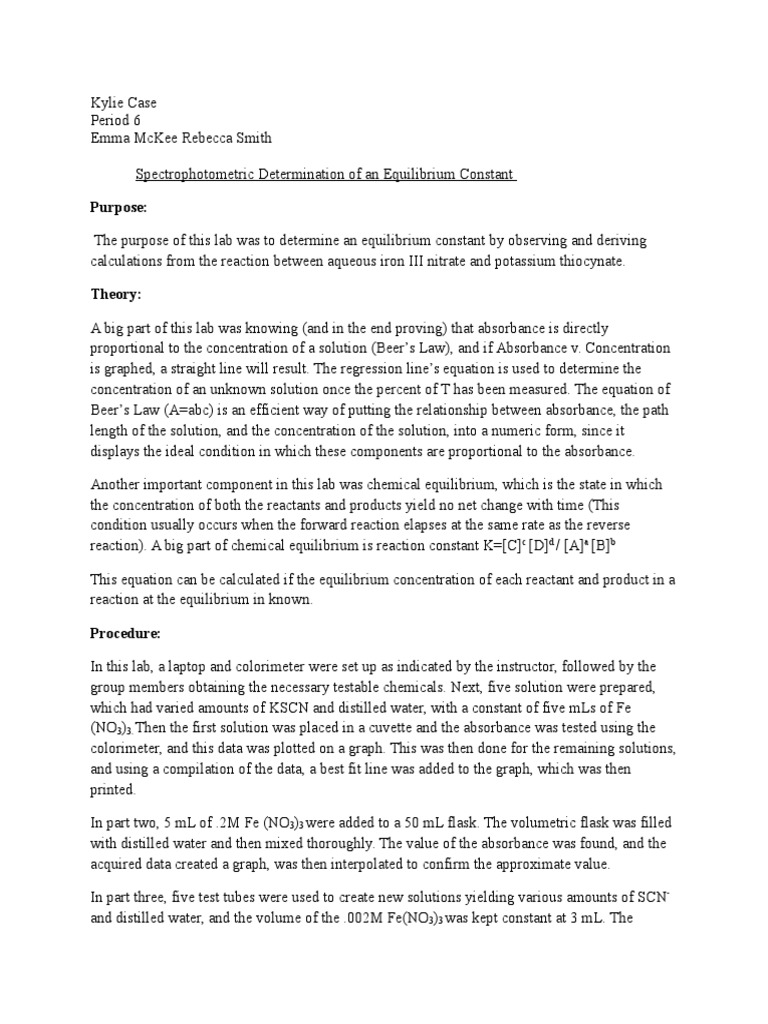 Spectrophotometric Determination of An Equilibrium Constant | PDF | Chemical Equilibrium ...