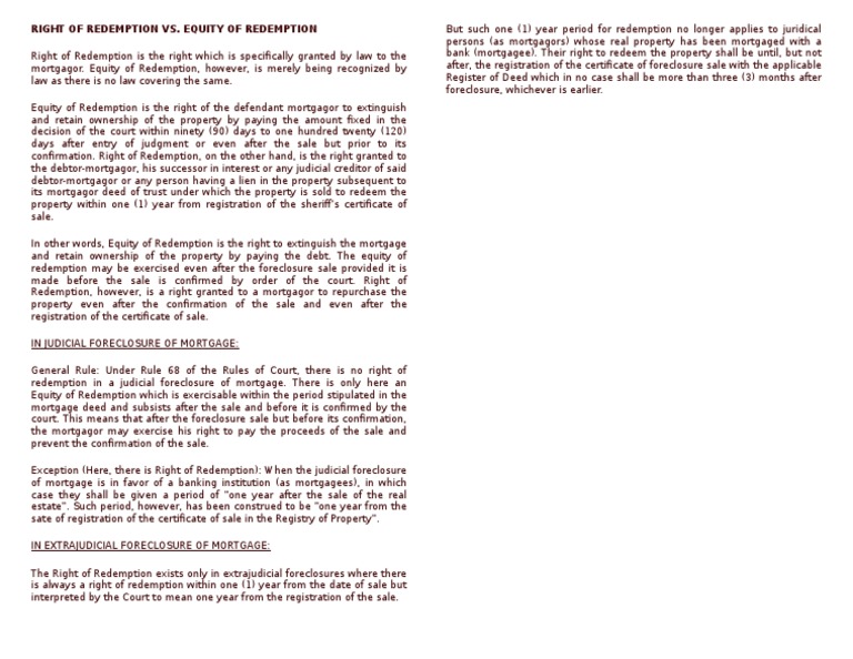 Right of Redemption Vs | PDF | Mortgage Law | Foreclosure