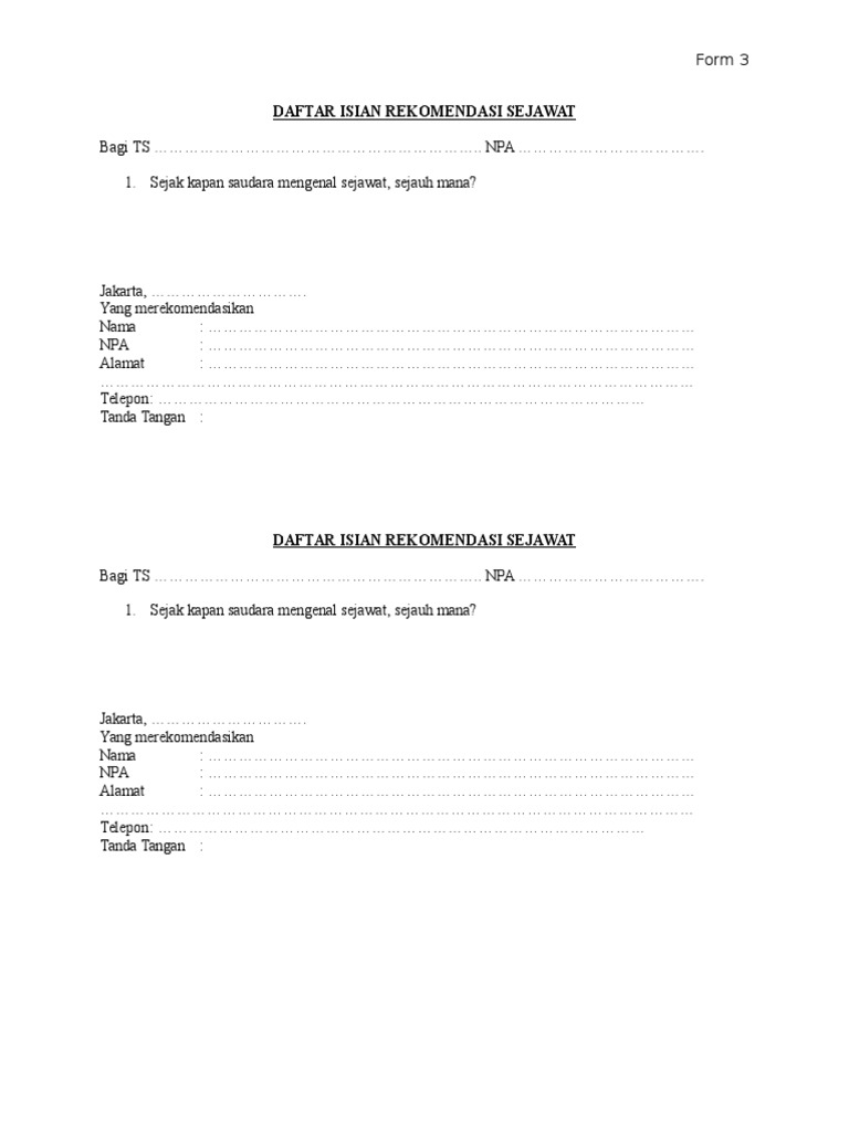 Daftar Isian Rekomendasi Sejawat Form3 | PDF