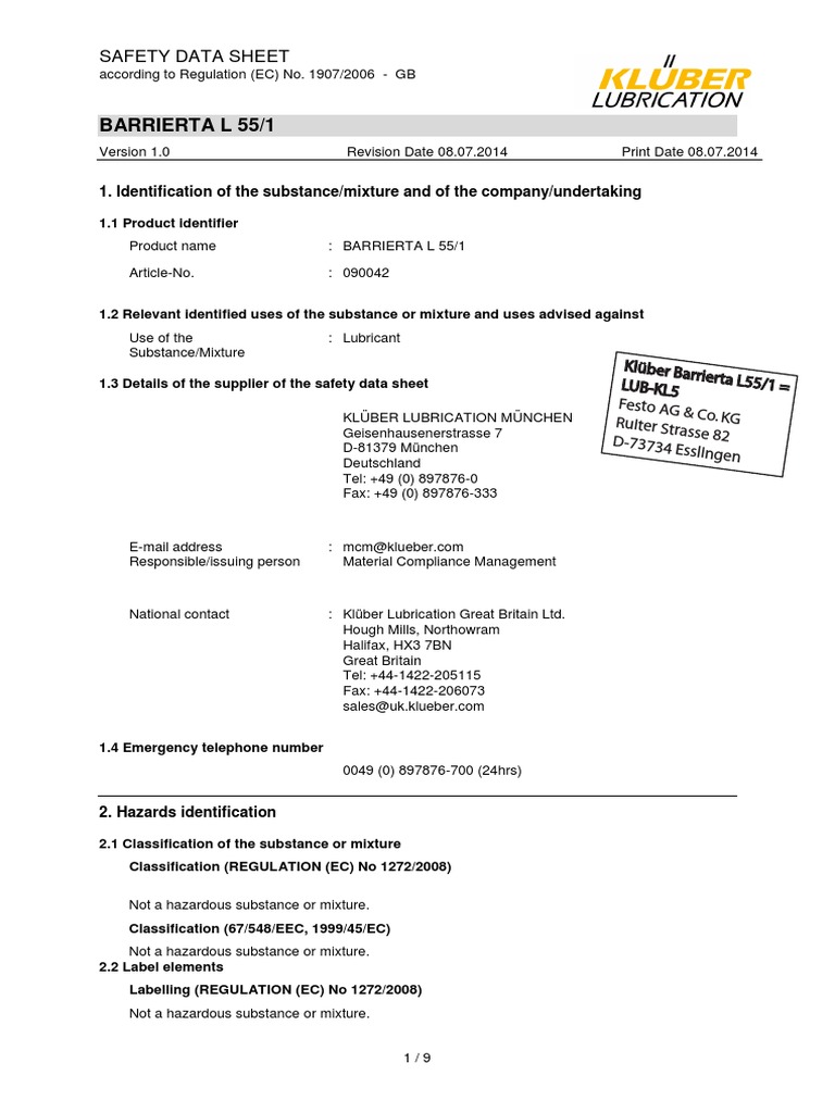Sds Barrierta L 55 1 GB en | PDF | Toxicity | Dangerous Goods