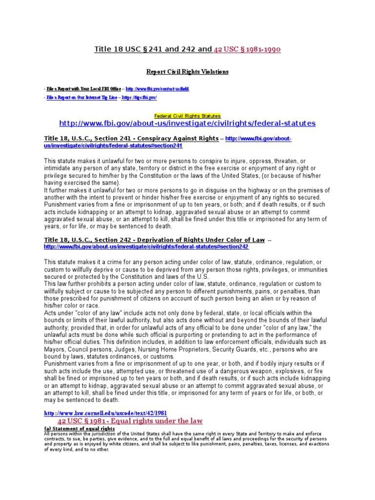 Title 18 USC - Sec. 241 - 242 and Title 42 USC - Sec. 1981-1990 - 042513 | PDF | Magistrate ...