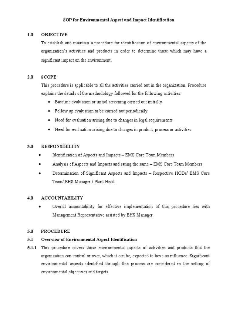 Sample Aspect and Impact Identification Procedure | Environmental ...
