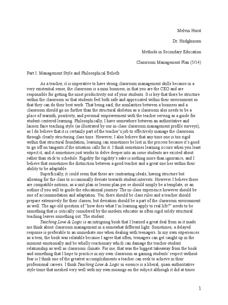 Hurst MethodsClassroomManagementPlan | PDF | Classroom Management ...