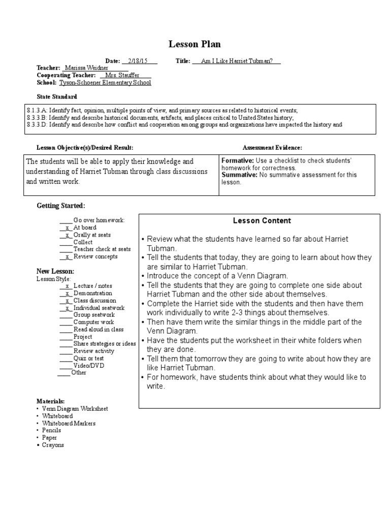 Harriet Tubman Day 3 Lesson | PDF | Educational Assessment | Lesson Plan