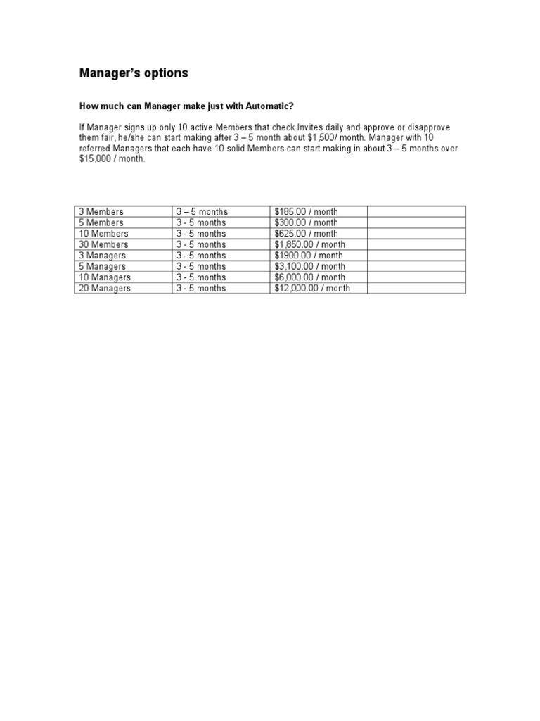 Manager's Options: How Much Can Manager Make Just With Automatic? | PDF
