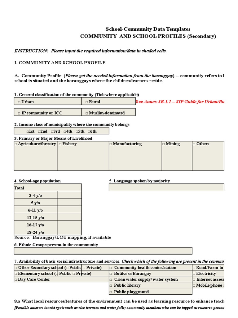 SIP Guide - Annex 3B.1 Community and School Profile | PDF | Disaster ...