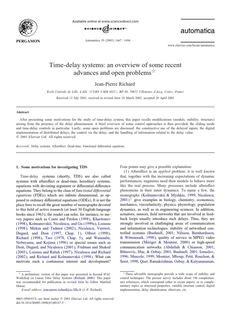 Time-Delay Systems An Overview of Some Recent Advances and Open Problems | PDF | Stability ...