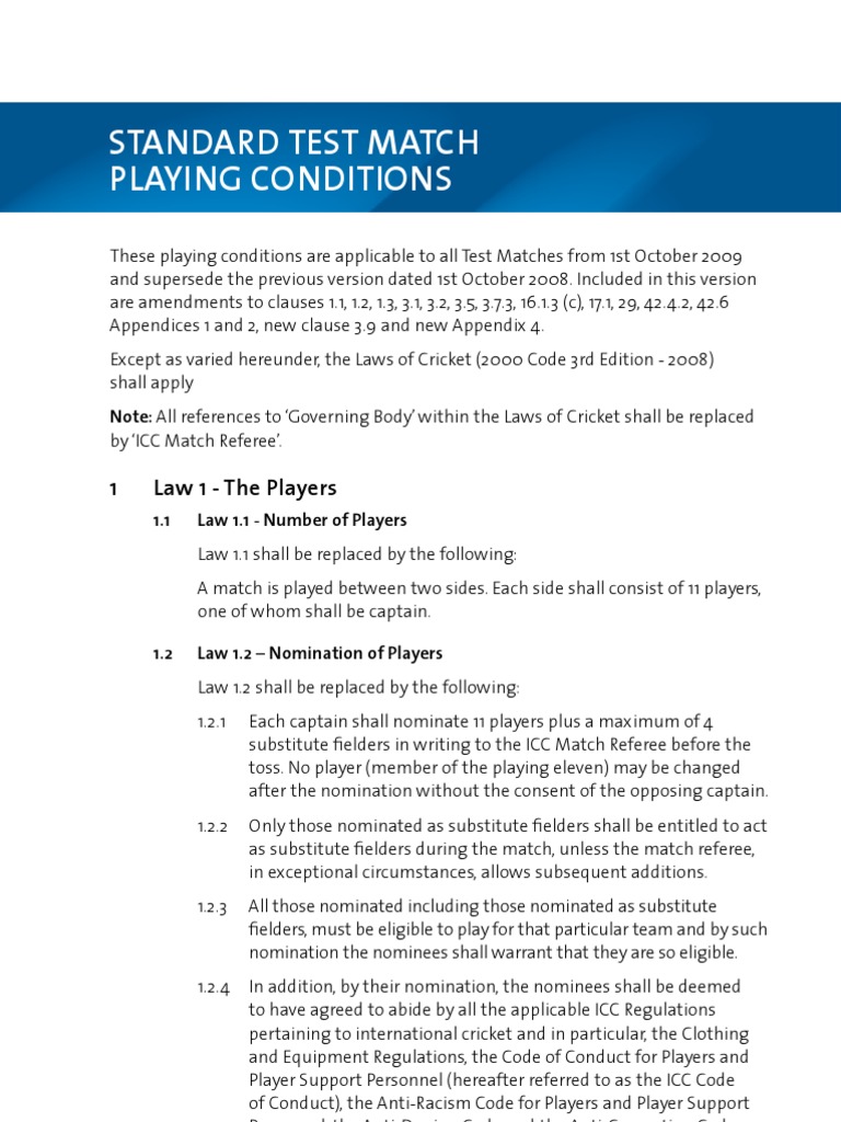 ICC Standard Test Match Playing Conditions | PDF | Test Cricket ...