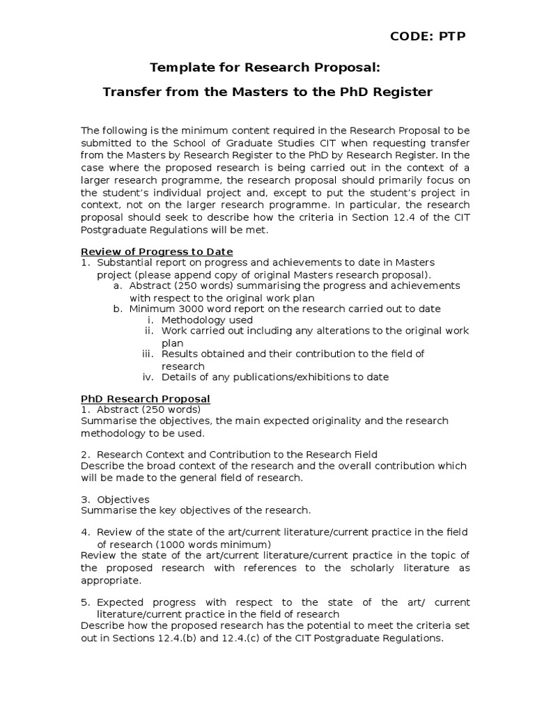 Template For Research Proposal For Transfer To PHD Register (PTP) | Download Free PDF | Doctor ...