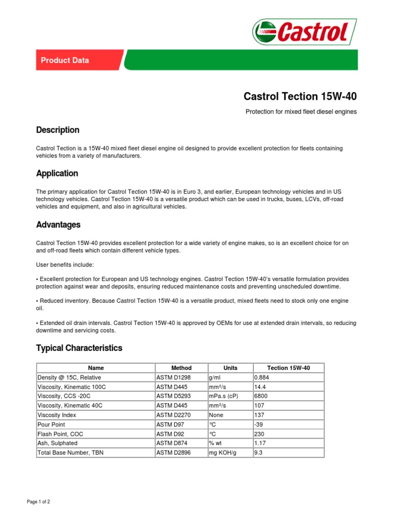Castrol Tection 15W-40: Description | PDF | Motor Oil