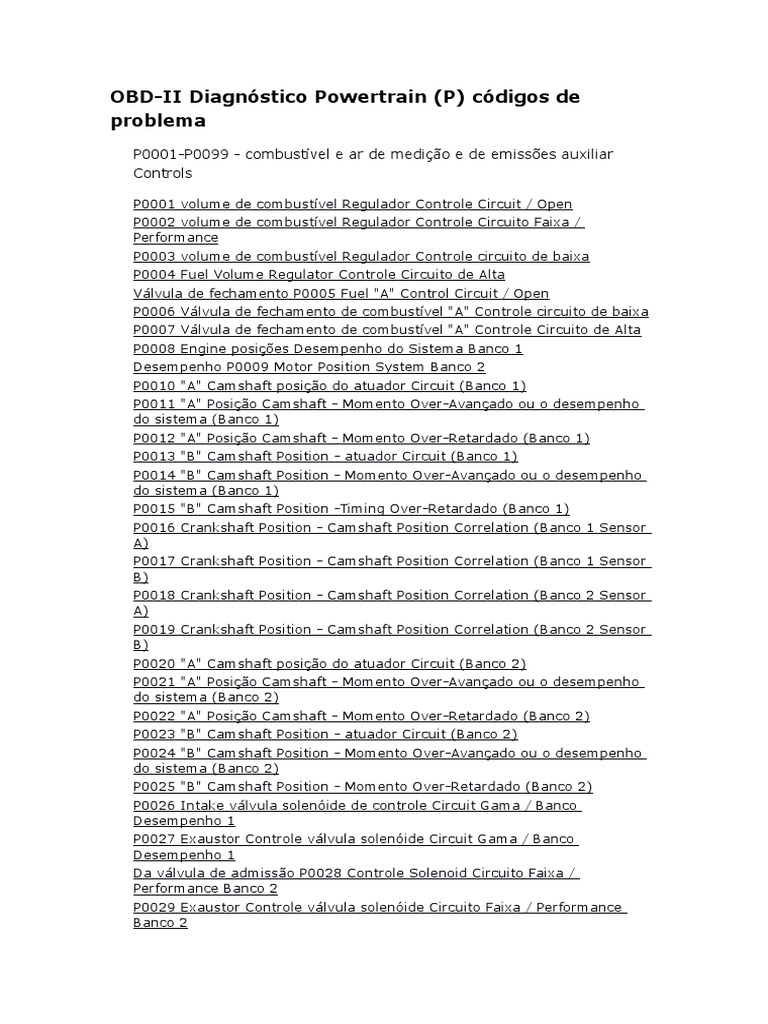 OBD-II Diagnóstico Powertrain (P) Códigos de Problema | PDF ...