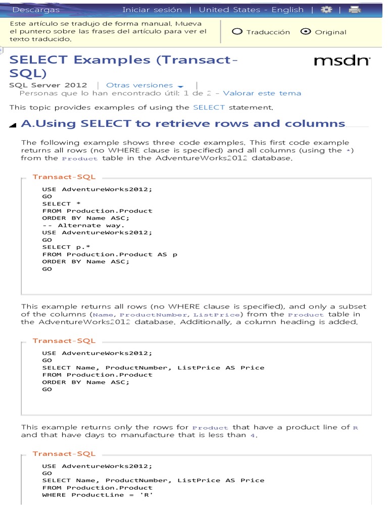 Ejemplos de SELECT (Transact-SQL) | Descargar gratis PDF | Servidor SQL de Microsoft ...