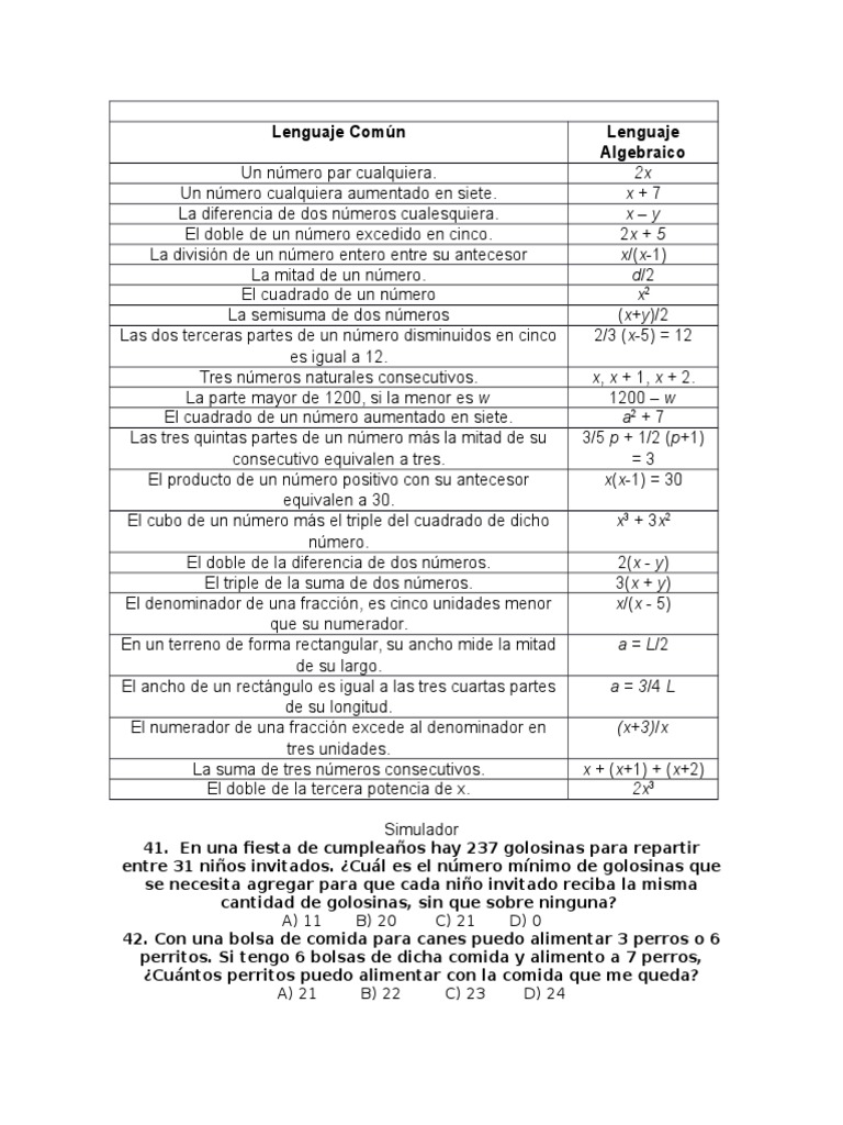 Lenguaje Algebraico | PDF | Fracción (Matemáticas) | Notación