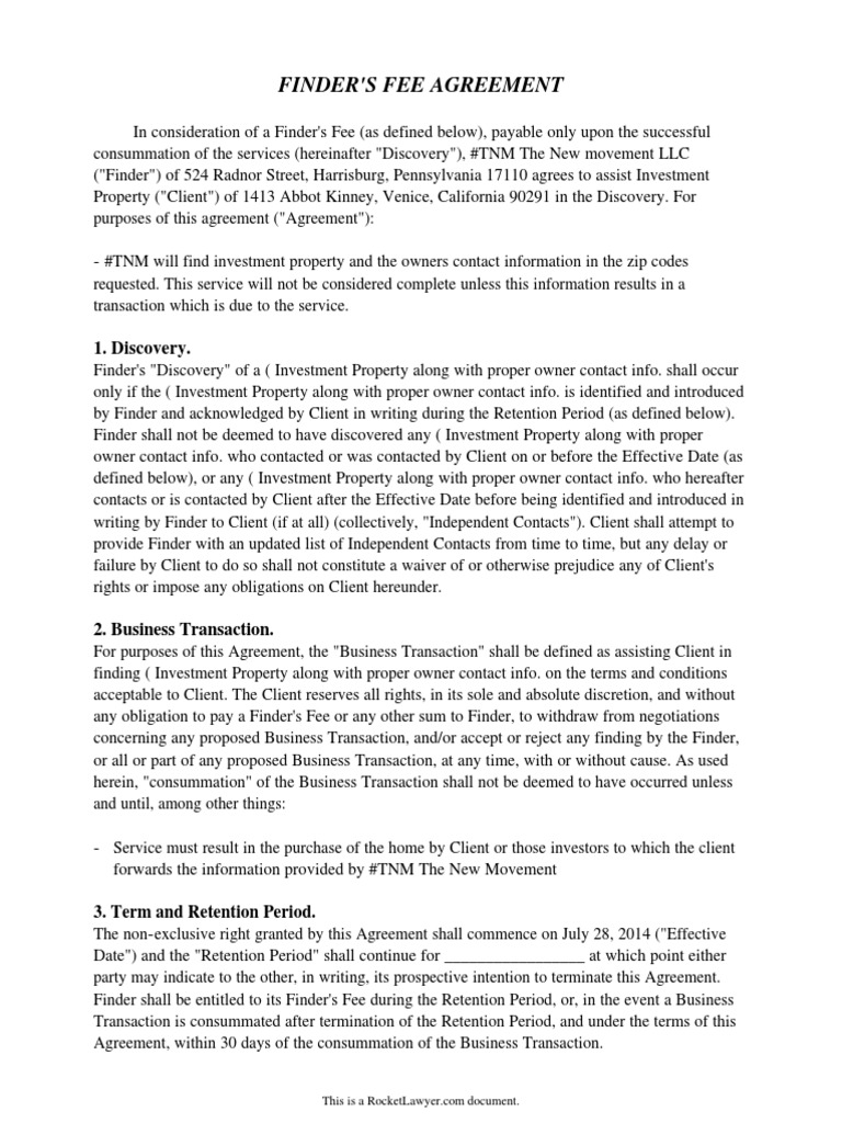 My Finder's Fee Agreement | Law Of Agency | Indemnity