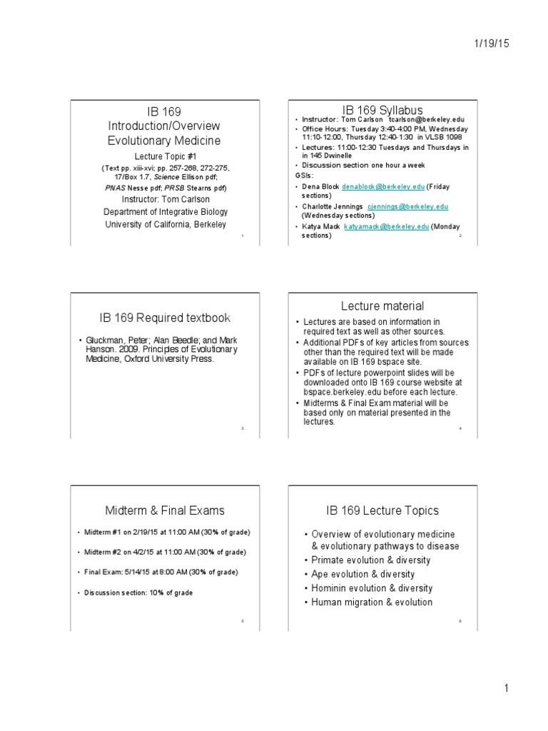IB 169 Introduction/Overview Evolutionary Medicine IB 169 Syllabus ...